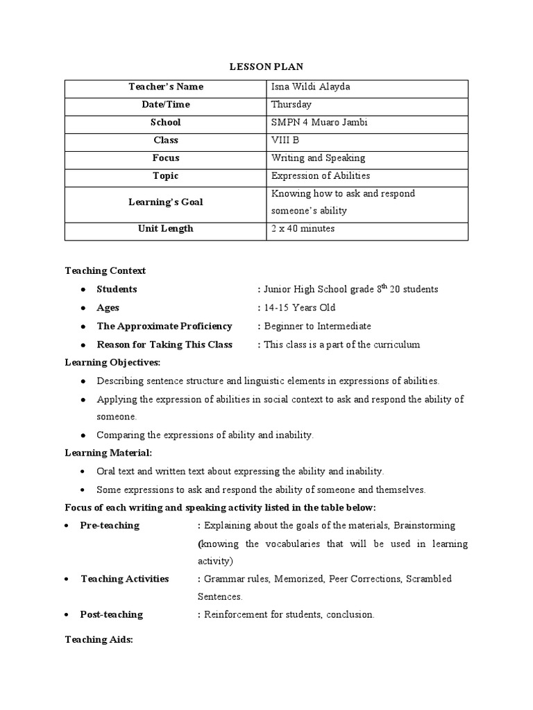LESSON PLAN Expressions of Ability Bahasa Inggris Kelas 8 | PDF ...