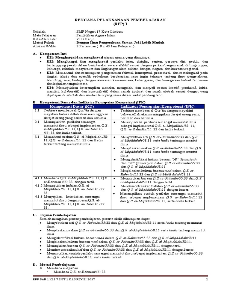 19.1. RPP 1 BAB 1 KLS 7 SMT 1 Ilmu Pengetahuan SDH | PDF