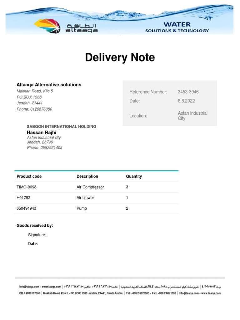 Industrial Equipment Delivery Note | PDF