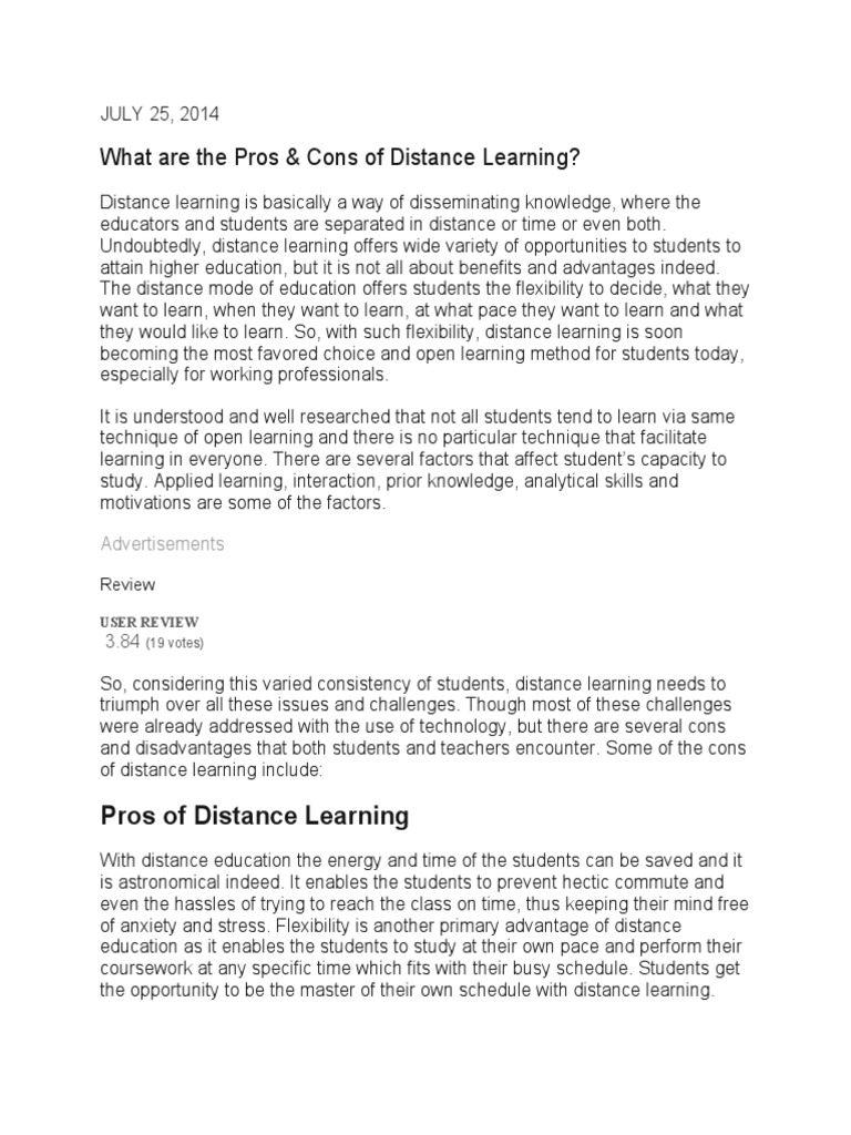 Pros and Cons of Distance Learning | PDF | Distance Education | Teachers