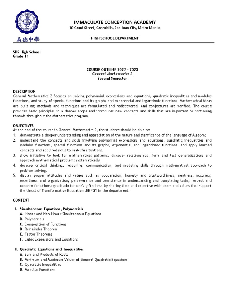 Grade 11 General Mathematics 2 Course Outline | PDF | Equations ...