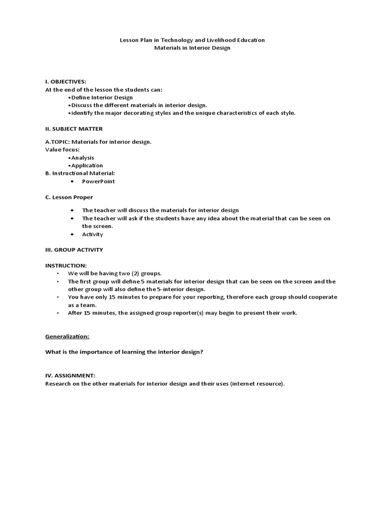 Interior Design Lesson Plan Objectives | PDF | Art