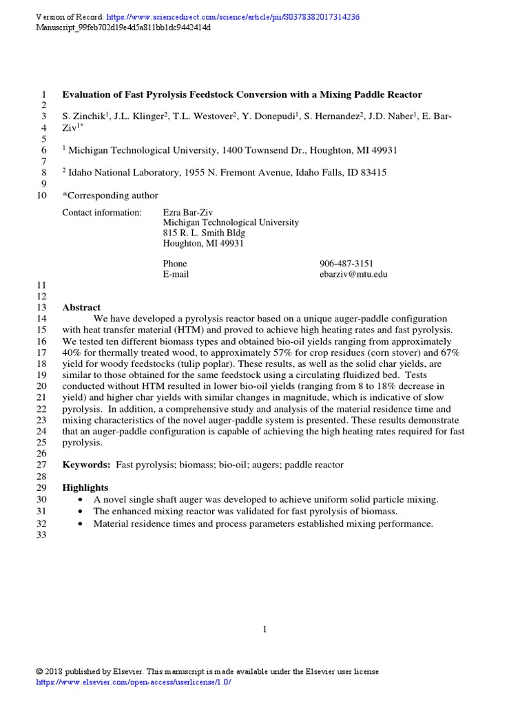 Evaluation Of Fast Pyrolysis Feedstock Conversion With A Mixing Paddle