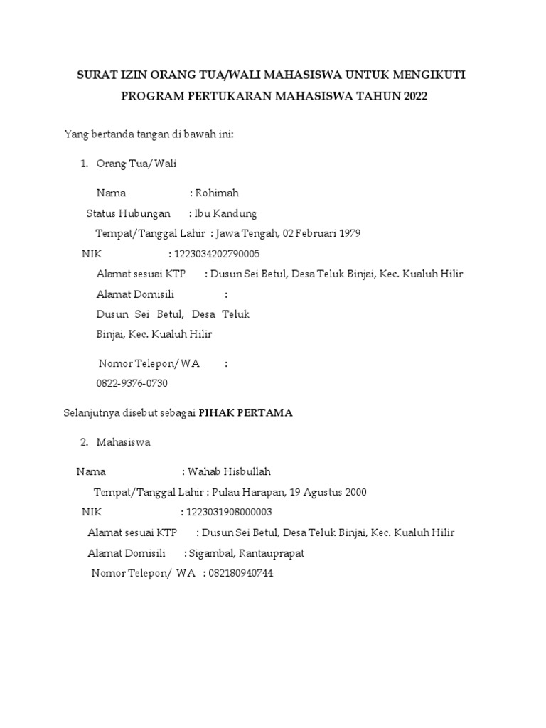 2 Format SURAT PERSETUJUAN ORANG TUA MAHASISWA UNTUK MENGIKUTI PMM 2 | PDF