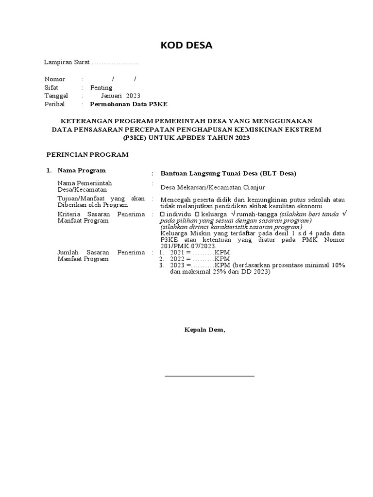 Permohonan Data P3KE Desa | PDF