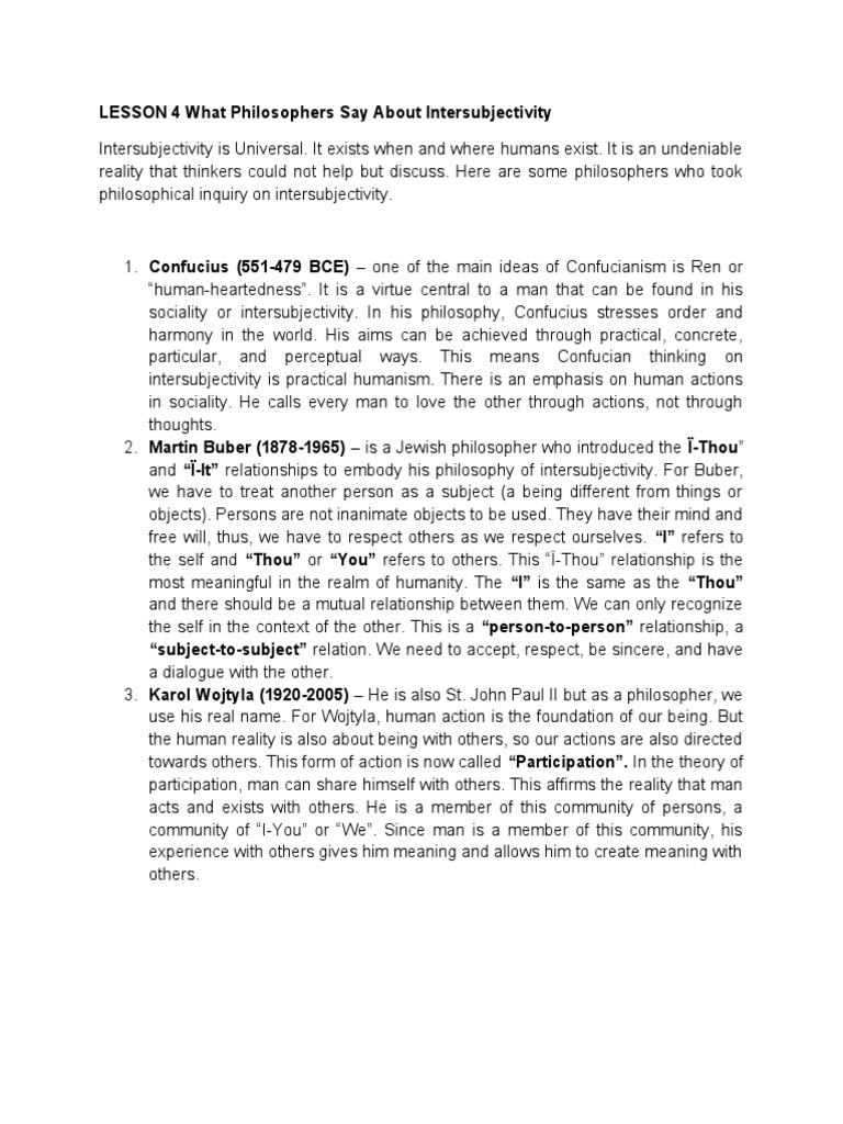 LESSON 4 What Philosophers Say About Intersubjectivity | PDF