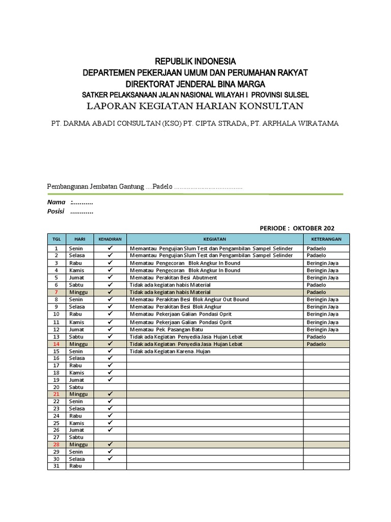 Laporan Kegiatan Harian Konsultan | PDF