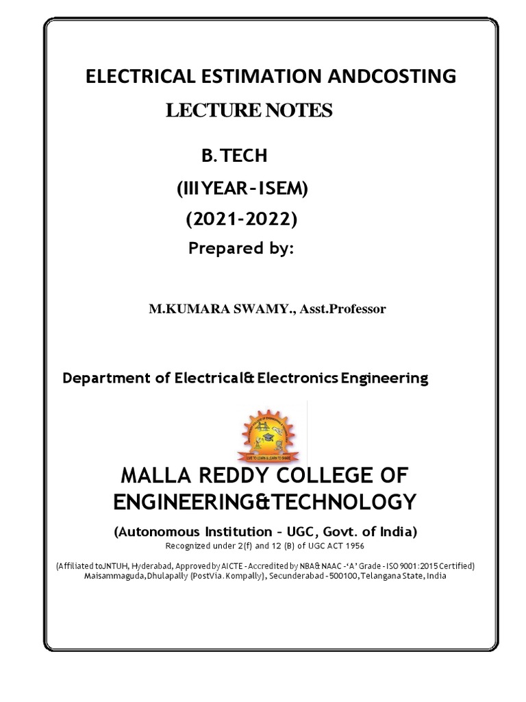 Electrical Estimation and Costing Notes | PDF | Electrical Substation ...