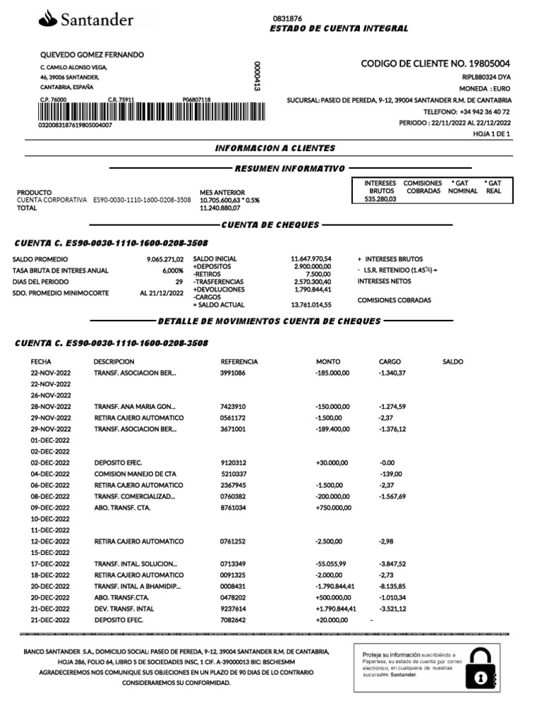 Codigo de Cliente No. 19805004: Estado de Cuenta Integral | PDF ...