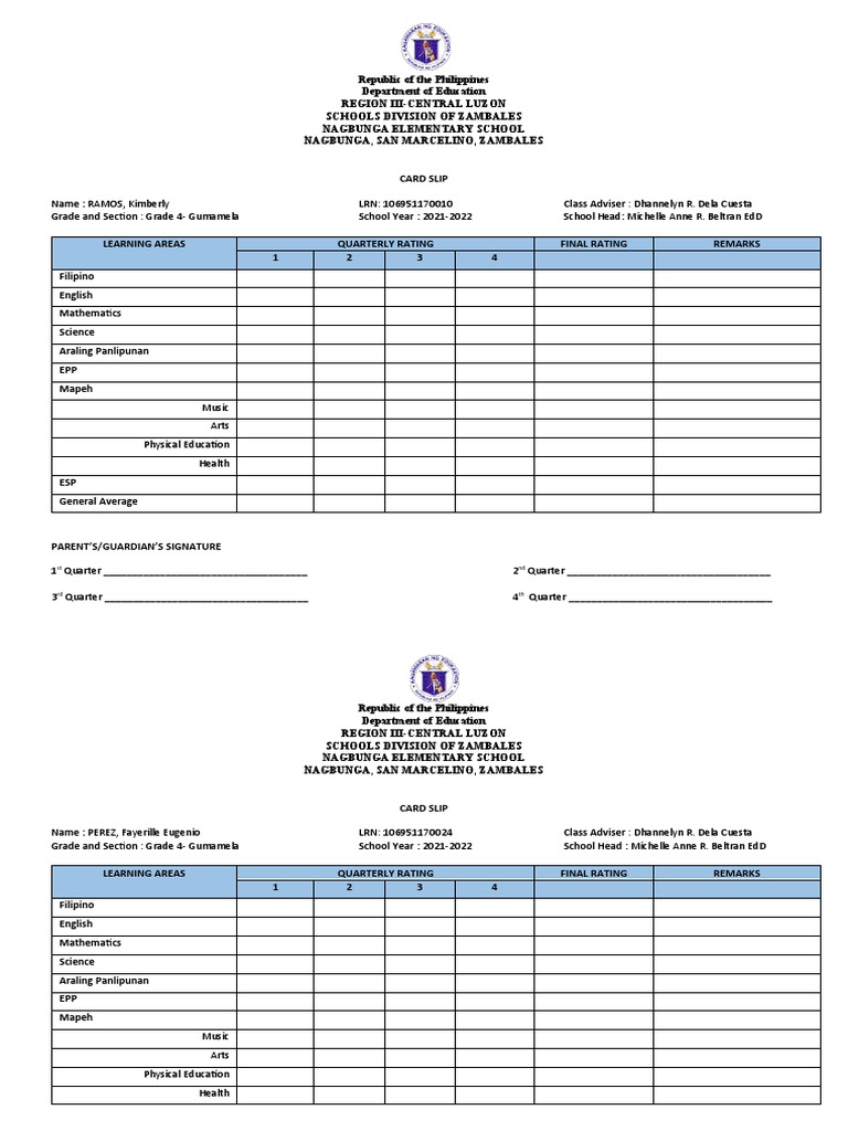 Report Card Slip for Nagbunga Elementary School | PDF