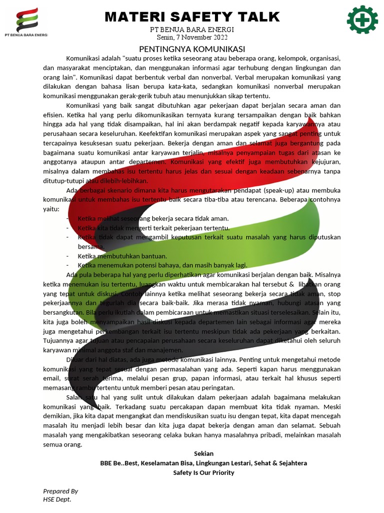 Materi Safety Talk 03 Oktober 2022 | PDF