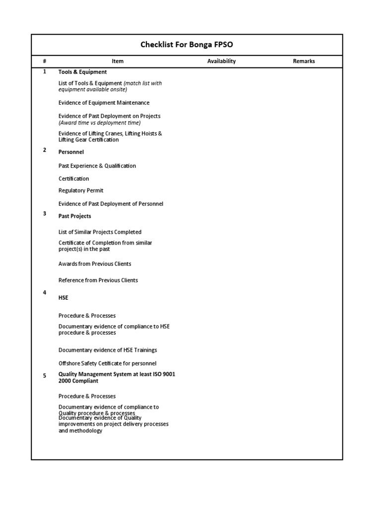 Bonga FPSO SubContractor Checklist_Rev 1 (1) | PDF