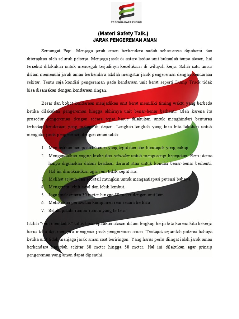 Materi Safety Talk Jarak Pengereman Aman | PDF