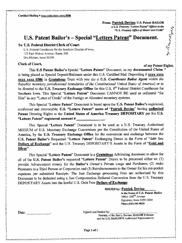 USPatent Bailors Special Letter Patent Document | PDF