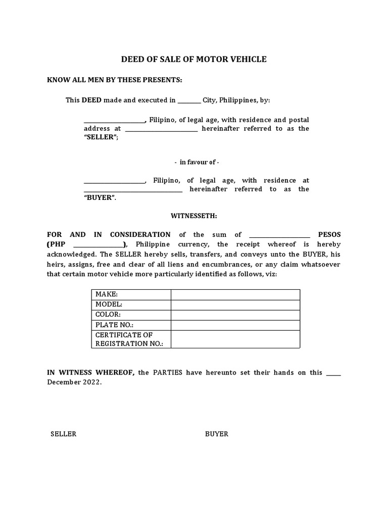 Deed of Sale of Motor Vehicle | PDF | Law
