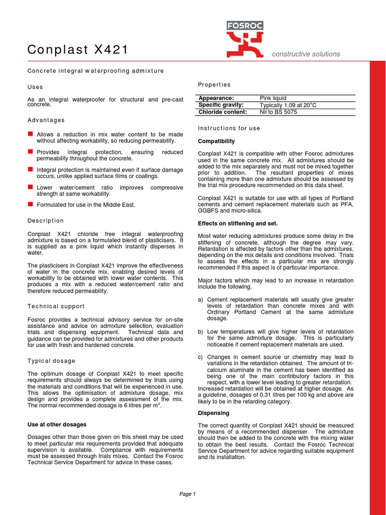 Conplast X421 - DataSheet | PDF | Concrete | Cement