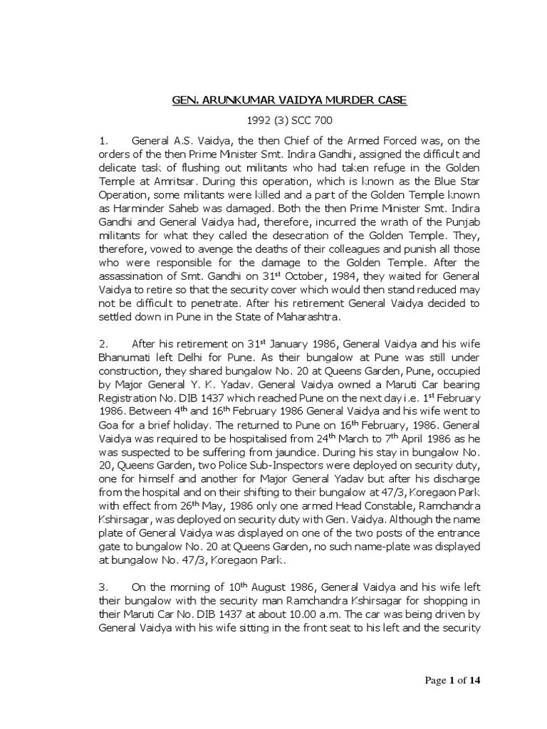Gen. Arunkumar Vaidya Murder Case - 03.12.2022 | PDF | Crimes | Crime ...