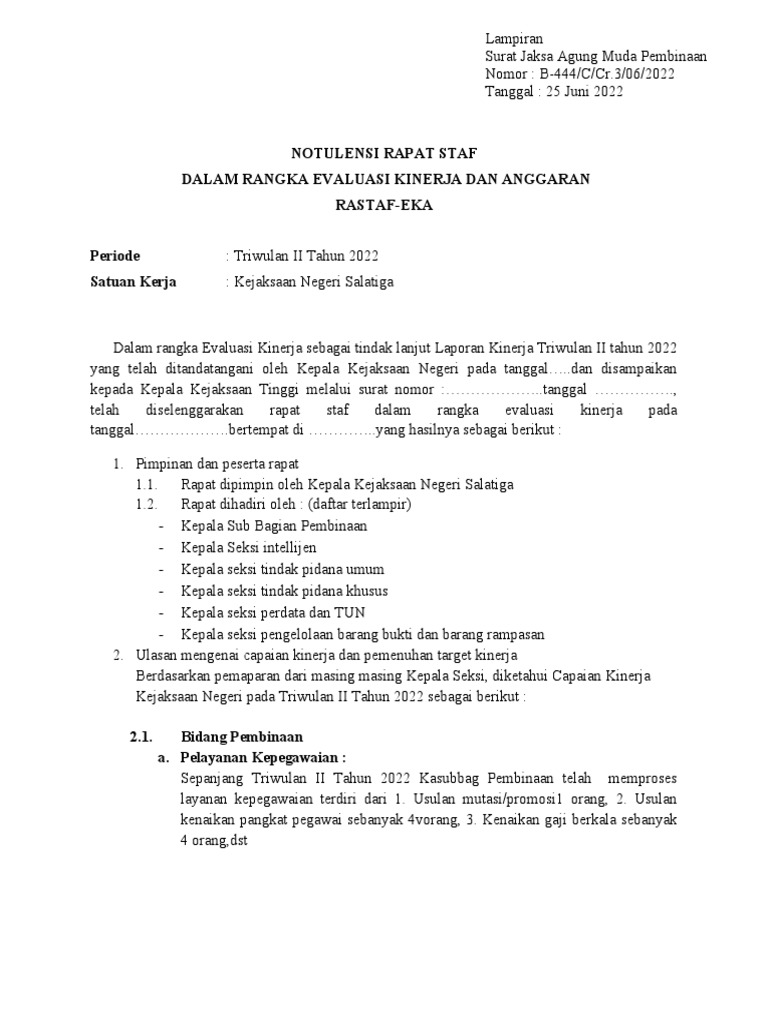 Notulensi Rapat Staf Dalam Rangka Evaluasi Kinerja Dan Anggaran | PDF