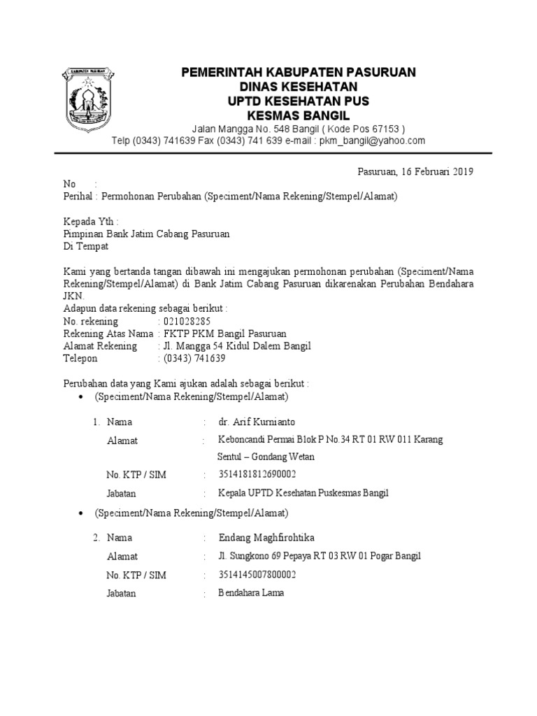 Permohonan Perubahan Data Rekening dan Stempel Puskesmas Bangil | PDF