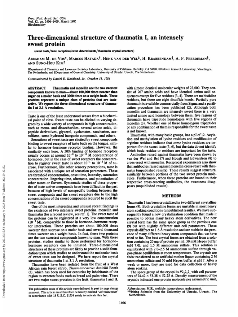 Three-Dimensional Structure of Thaumatin I, an Intensely Sweet Protein ...