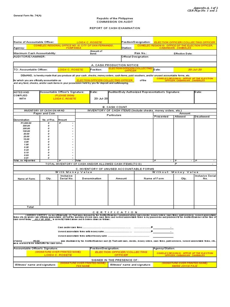 GF 74 A Form For Cash Count With Sample | PDF | Money | Debits And Credits