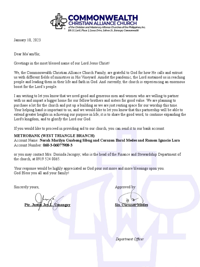 Letter For Church Lot and Building | PDF