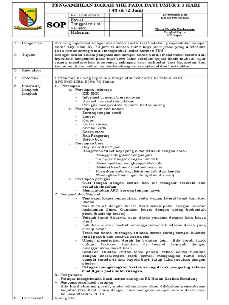 Revisi-SOP Pengambilan Sampel SHK | PDF