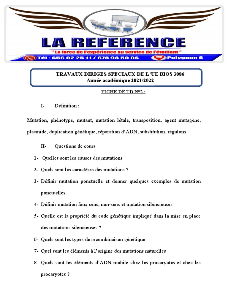 Fiche de TD N 2 Mib 3086 | PDF | ADN | Mutation Fiche de TD N 2 Mib 3086 | PDF | ADN | Mutation