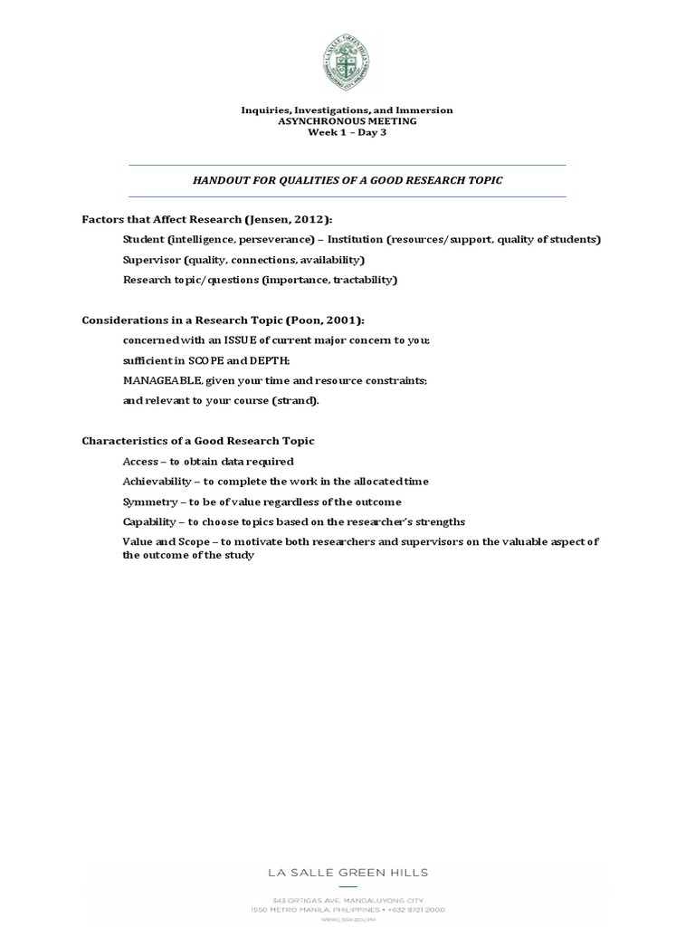 Handout - Qualities of A Good Research Topic | PDF
