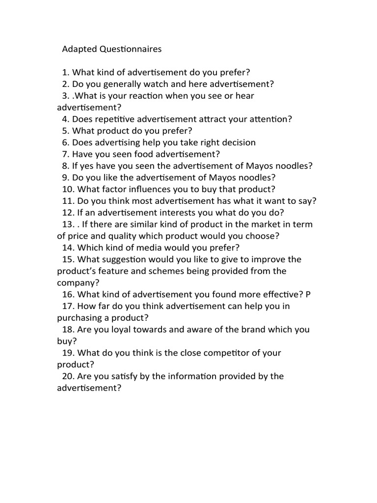 Adapted Questionnaires Lida Marie Castro 1.2 | PDF | Advertising ...