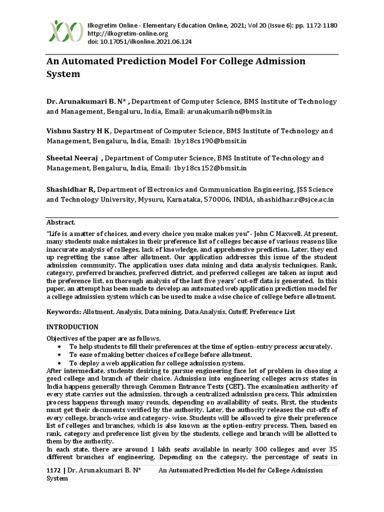 An Automated Prediction Model For College Admission System: Abstract | PDF | University And ...