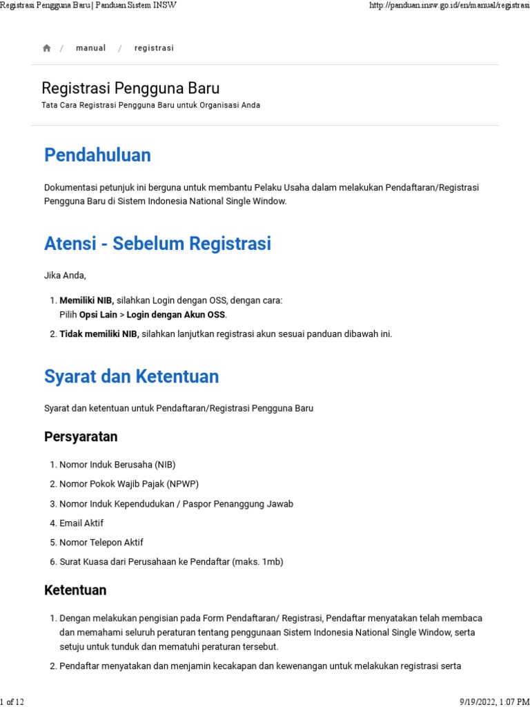 Panduan Lengkap Registrasi Pengguna Baru Sistem INSW | PDF