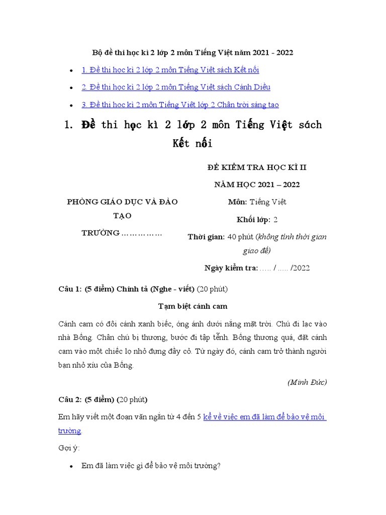 Bo de Thi Hoc Ki 2 Lop 2 Mon Tieng Viet Theo Thong Tu 27 | PDF