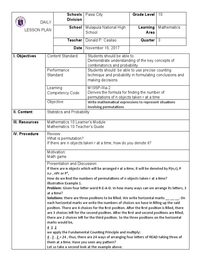 DLP - Math10q2 4 Nov16 | PDF | Mathematics | Permutation