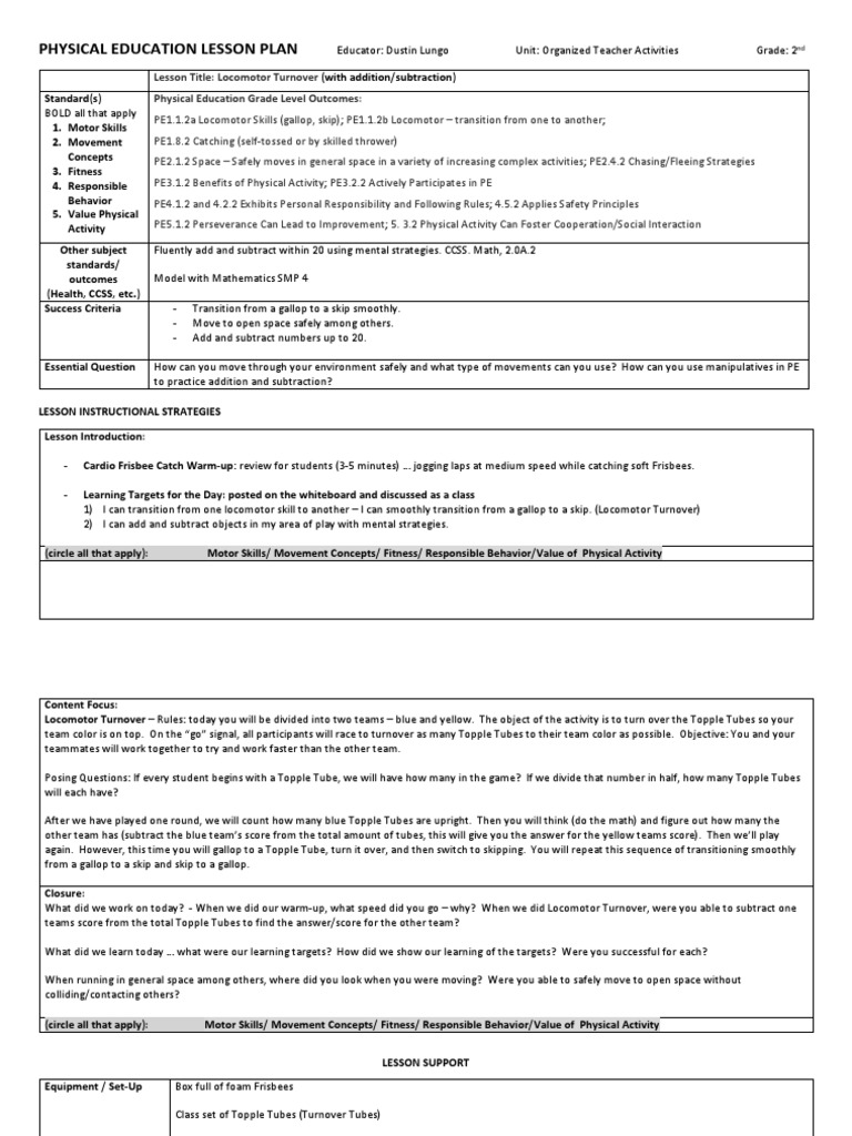 2nd Grade Physical Education Lesson Plan Sample | PDF | Physical ...