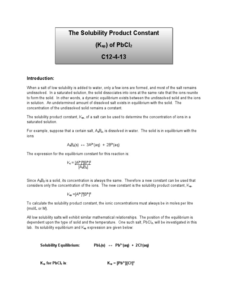 Solubility Product Constant of Lead (II) Chloride C12-4-13 | PDF | Solubility | Precipitation ...