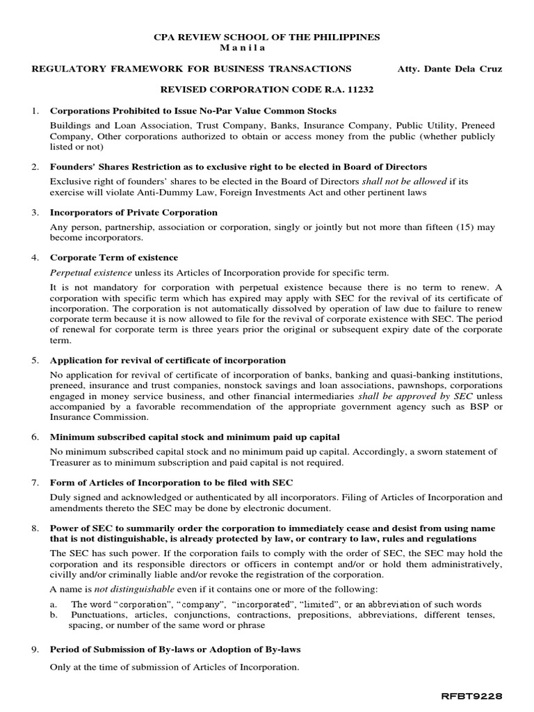 9228 - Revised Corporation Code - R.A. 1132 | PDF | Board Of Directors ...
