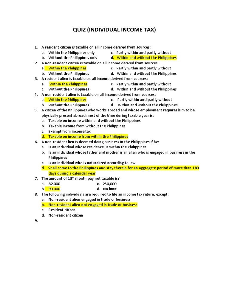 Individual Income Tax Quiz Guide | PDF | Law
