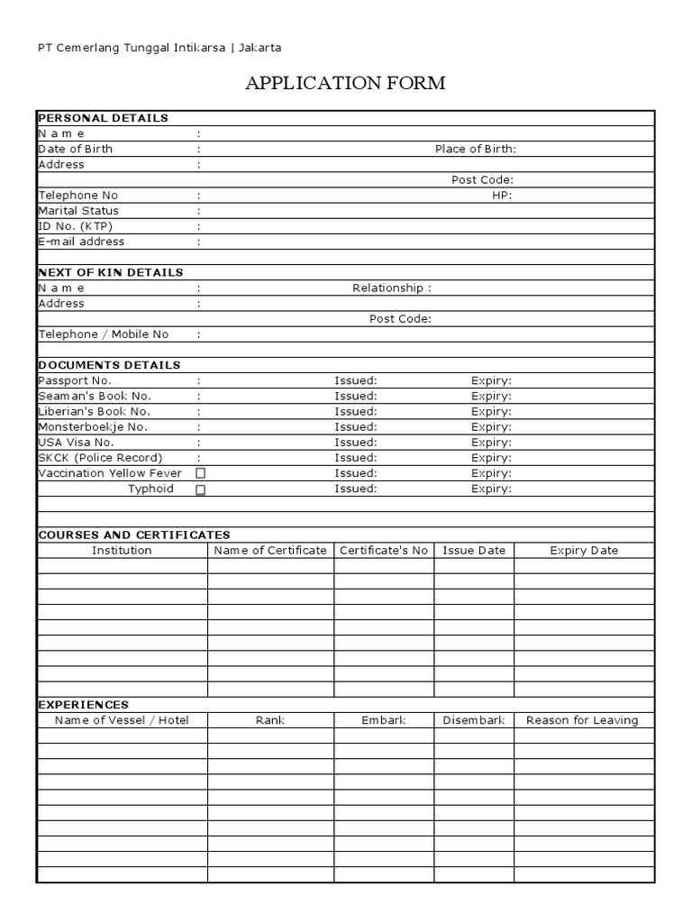 PT Cemerlang Tunggal Intikarsa Application Form | PDF