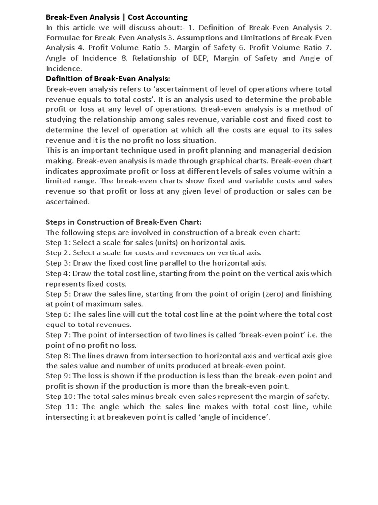 Break Even Analysis In Cost Accounting Pdf Management Accounting