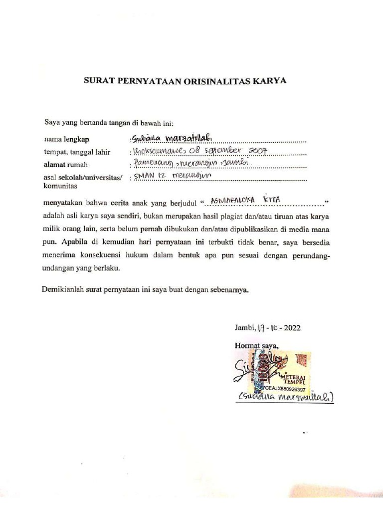 Surat Pernyataan Orisinalitas Karya | PDF