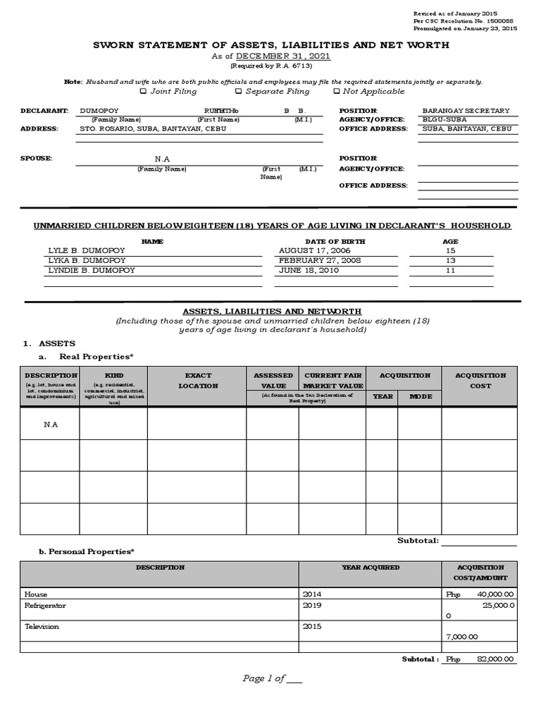 2015 SALN Form | PDF | Net Worth | Economies