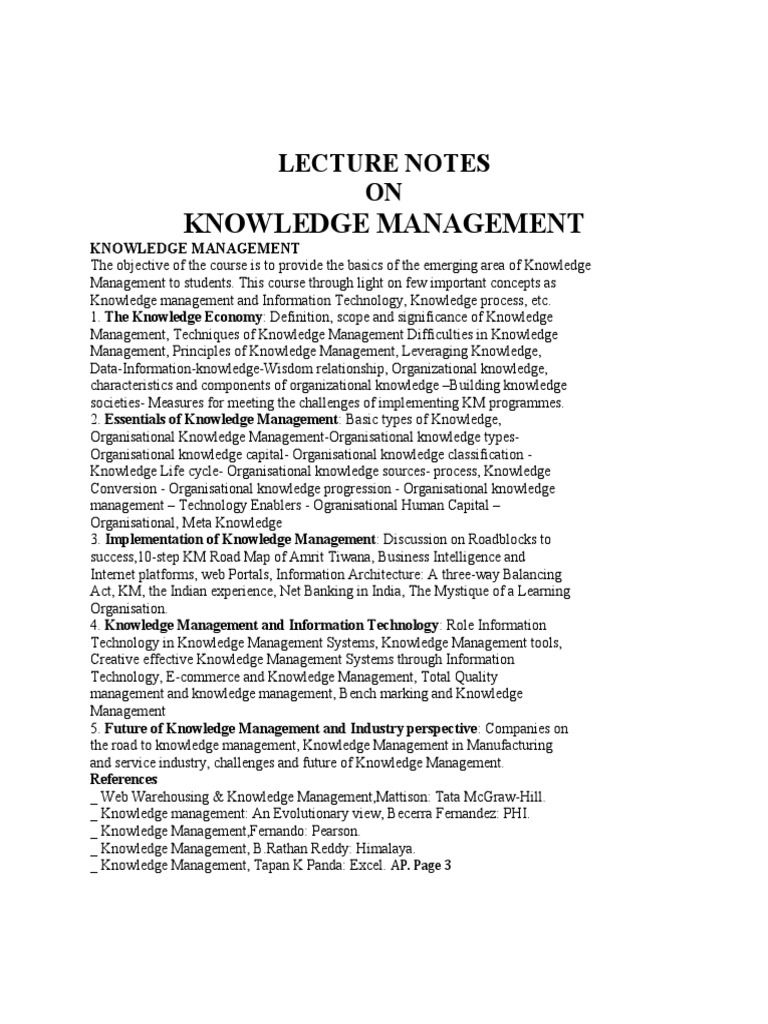 Knowledge Management Lecture Notes | PDF | Knowledge Management | Tacit ...