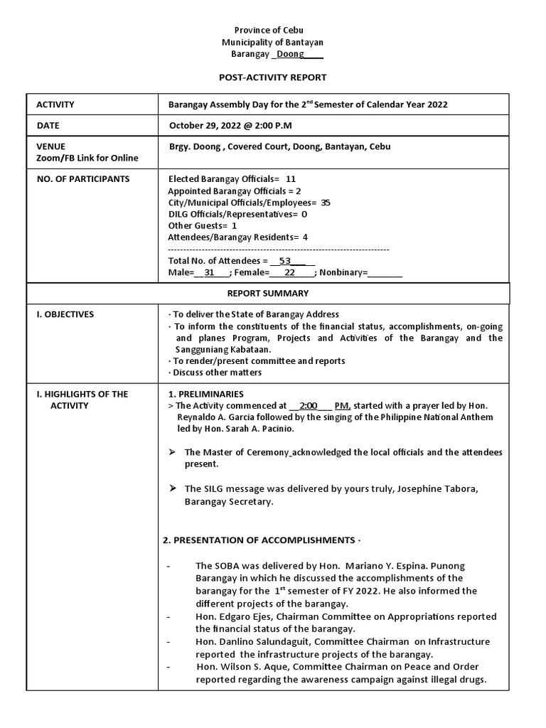 Barangay Assembly Post Activity Report Template | PDF