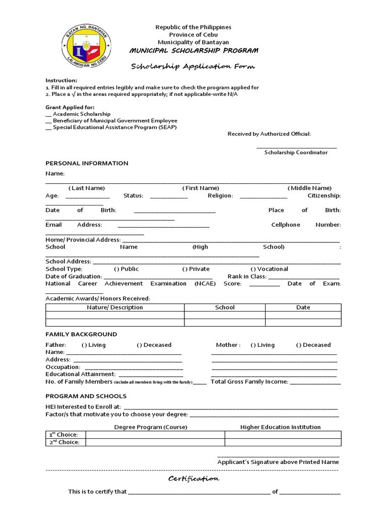 APPLICATION FORM For Scholarship | PDF | Academic Degree | Educational ...
