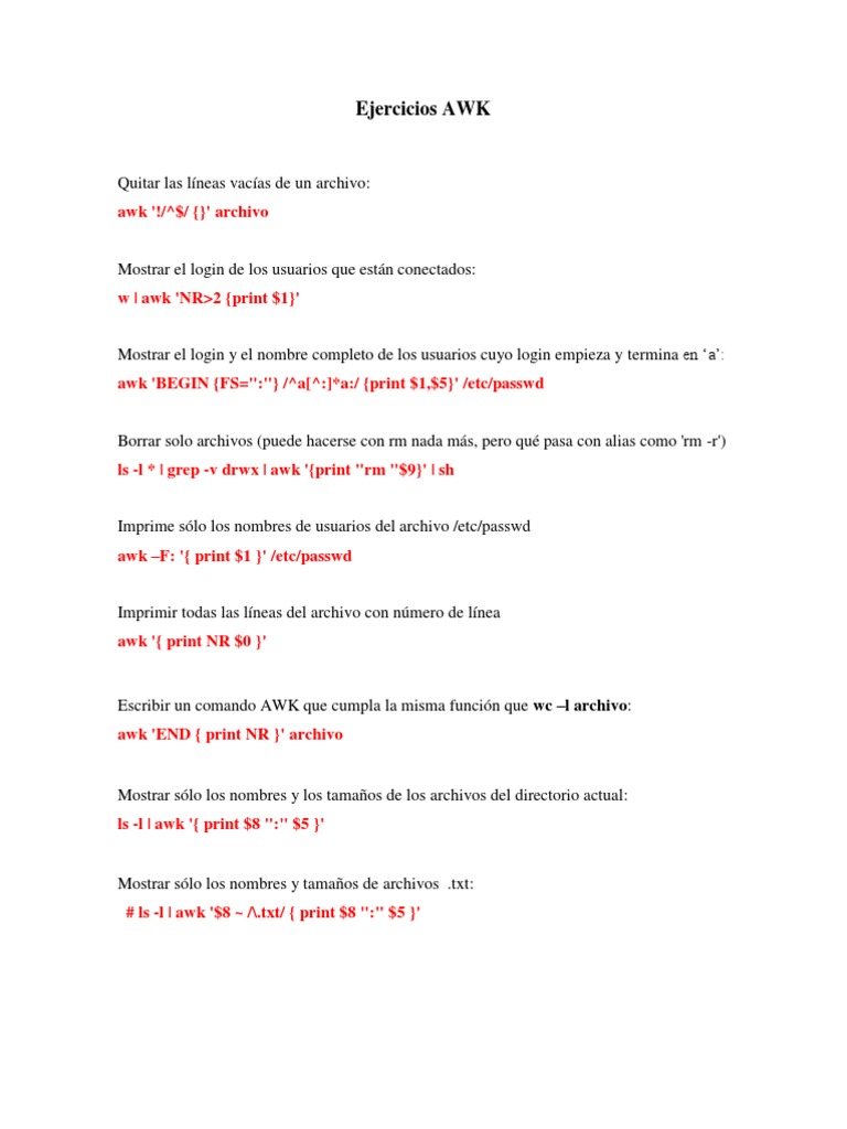 Comandos AWK: Ejercicios Prácticos | PDF | Informática