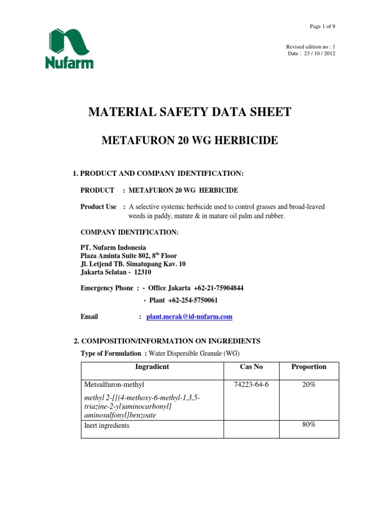 MSDS Metafuron 20 WG | PDF | Dangerous Goods | Toxicity