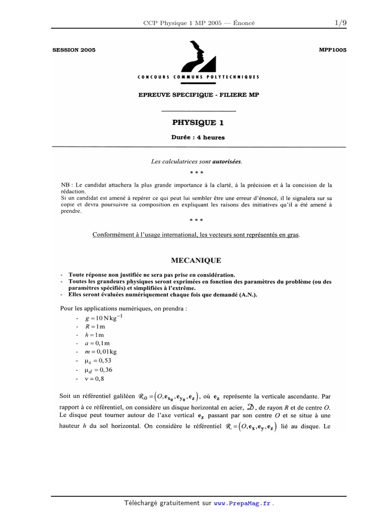MP PHYSIQUE CCP 1 2005.enonce | PDF