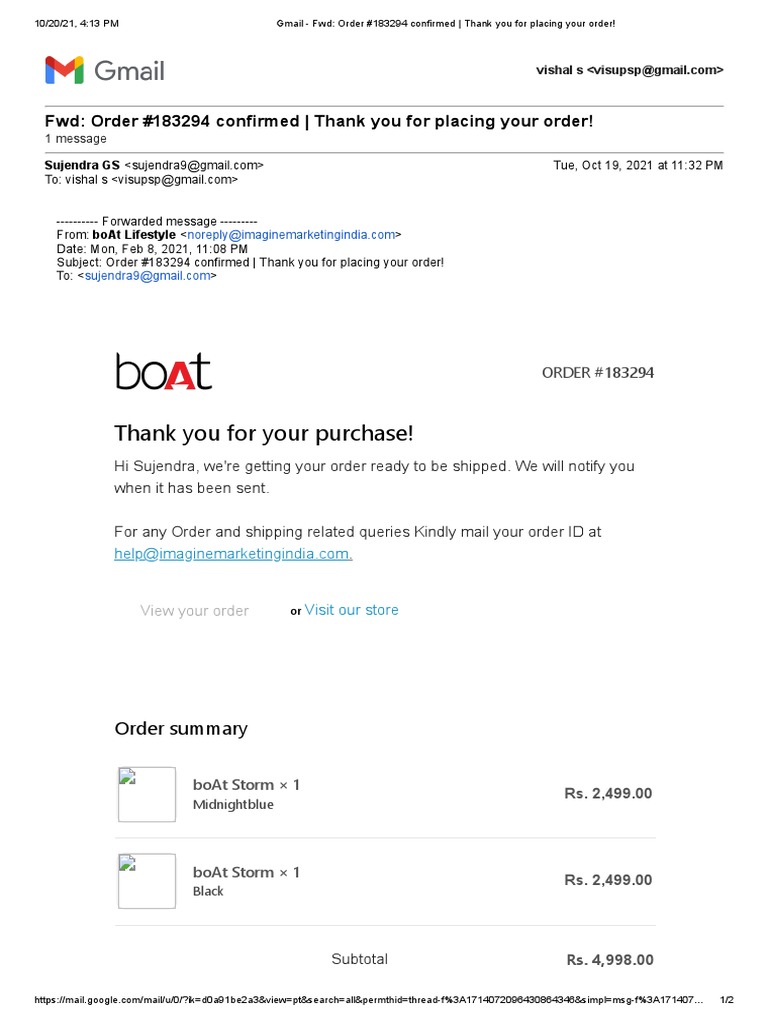 Gmail - FWD - Order #183294 Confirmed - Thank You For Placing Your Order! | Download Free PDF ...