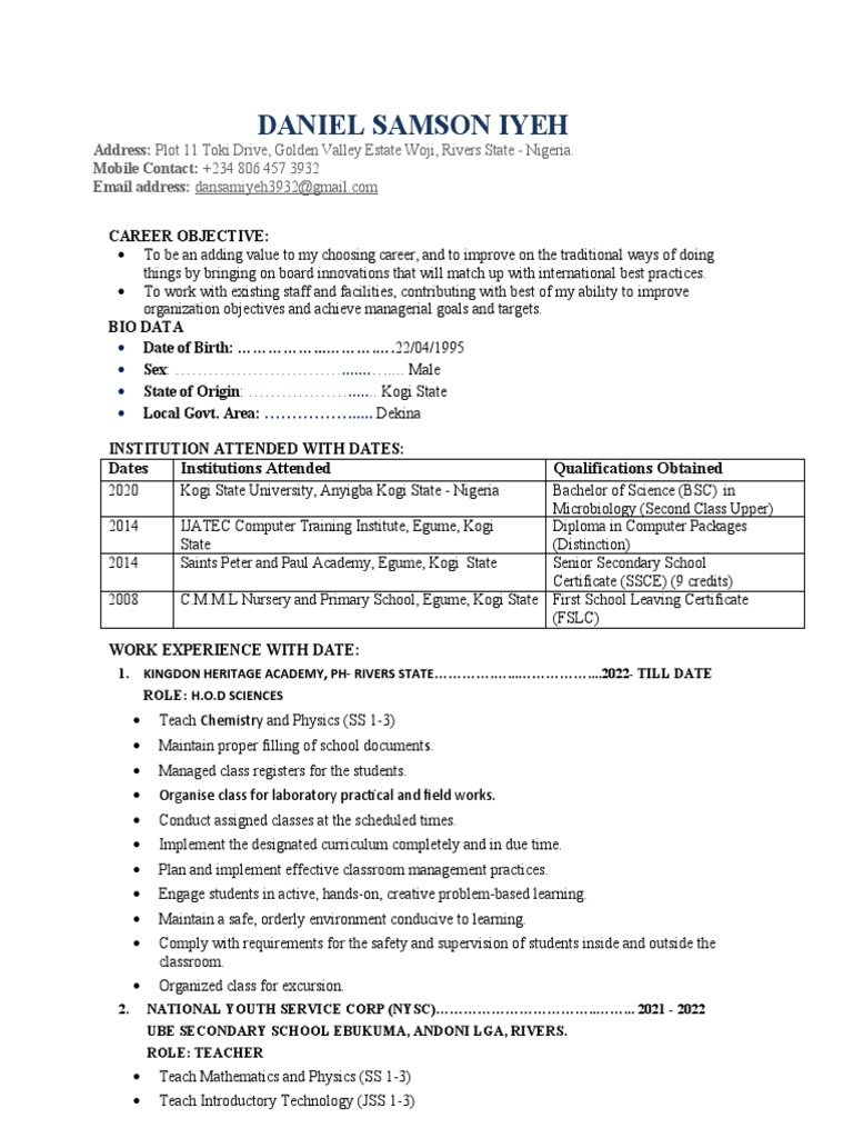 Daniel Samson Lyeh - CV | PDF | Laboratories | Classroom